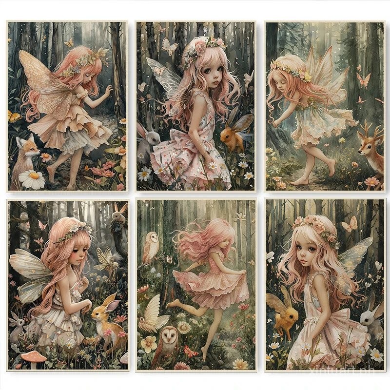 Girls and Bunny Deer Fairycore Wonderland Forest Animals Poster Canvas ...