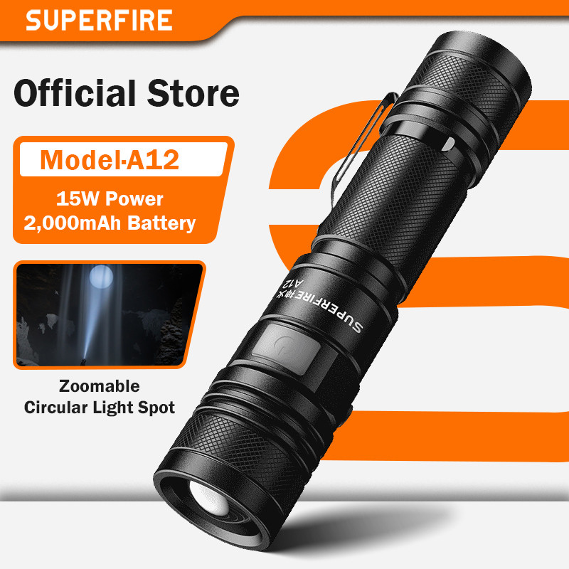 SUPERFIRE A12 Flashlight LED Zoom Torchlight Aluminium Alloy Heavy Duty Rechargeable Waterproof ...