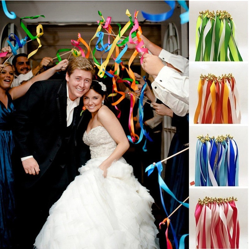 5Pcs Twirling Stream Ribbon Wands Bride Wedding Party Favor Sticks with ...