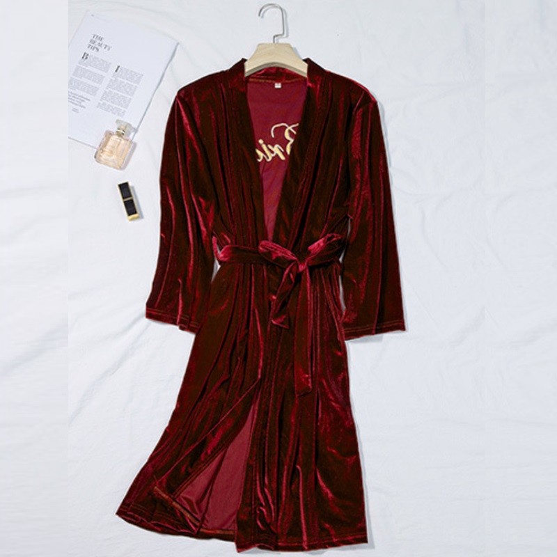 Spring Autumn Ladies Gold Velvet Kimono Robe Cardigan Bathrobe Wedding ...