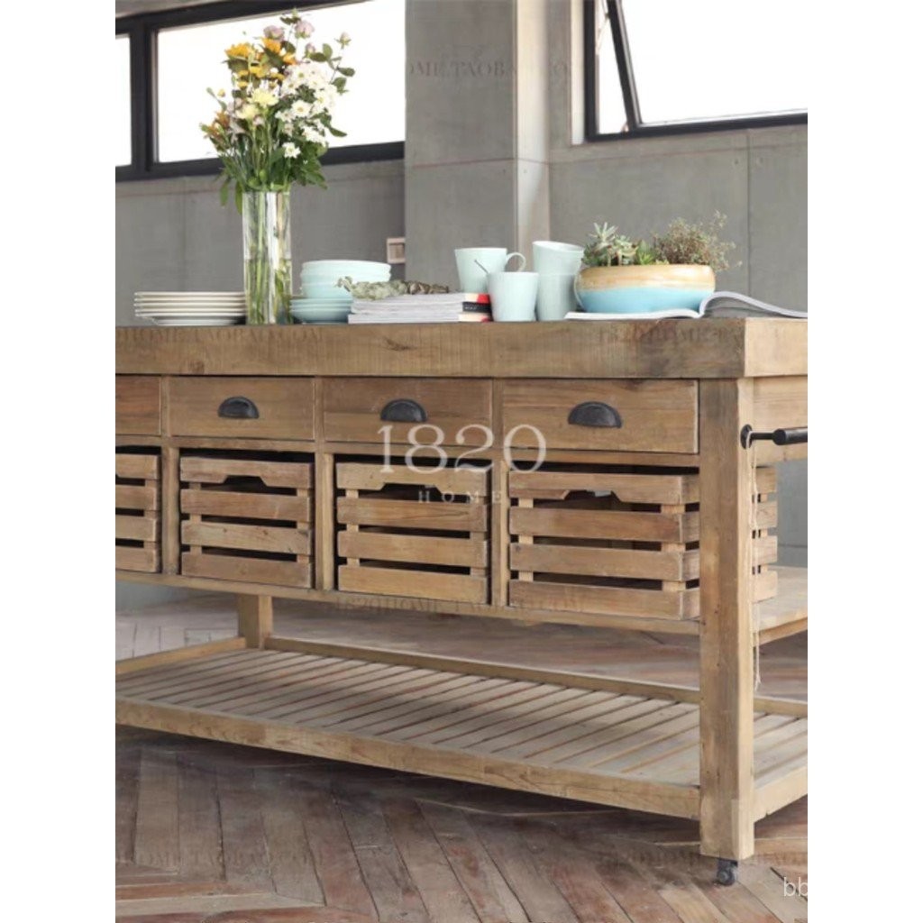 Kitchen Island Solid Wood Cooking Table Open Sideboard Retro Home ...
