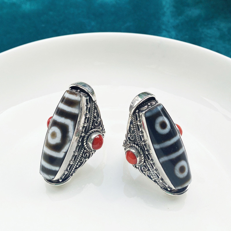 High-grade S925 Silver Jewelry Dzi Ring Female Male Open Ring Retro Tibetan Style Ethnic Style ...