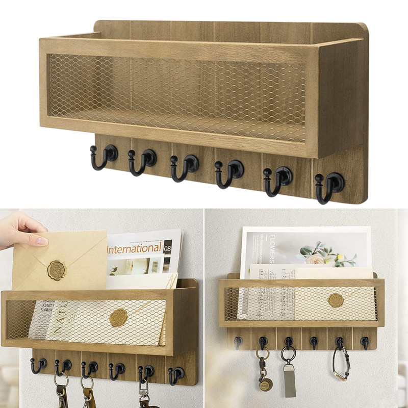 Key Rack with Wooden Shelf Modern for Wall Mounted Key Storage Vintage ...