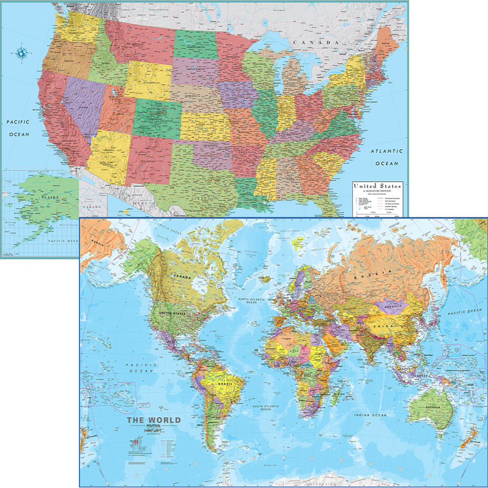 2Pcs/Set 91x61cm/74x46cm World Map & US Map Educational Posters Prints ...
