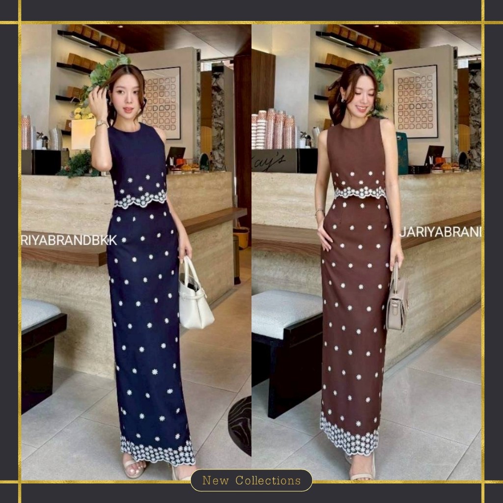 S-XL Set Of Crop Top Embroidered Long Skirt Tapered Style Label Work ...