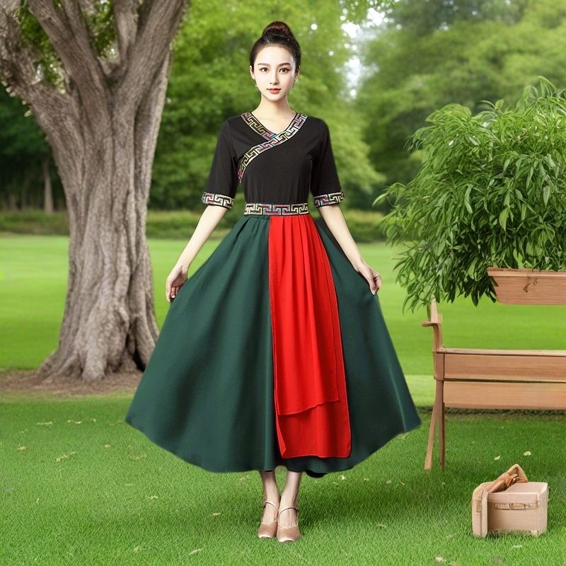 Square Dance Costume Female Ethnic Dance Costume One Piece Top Skirt Streamer Pants Tibetan ...