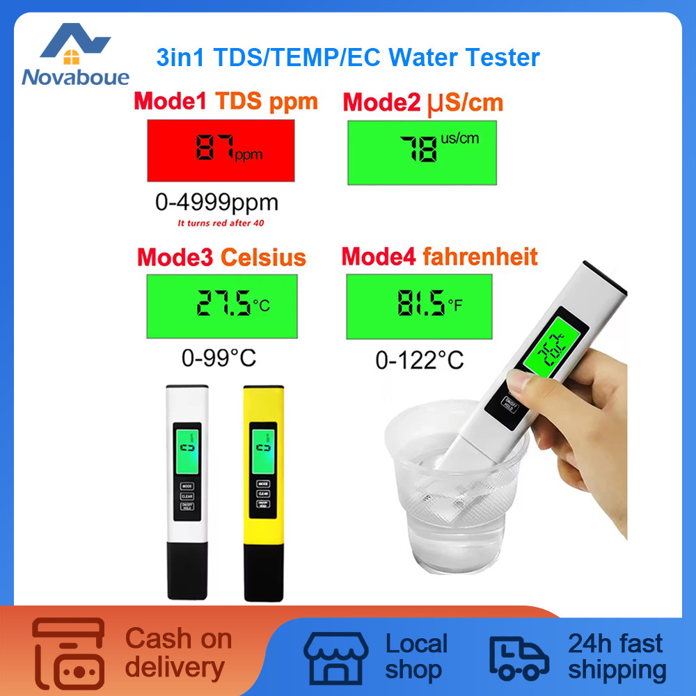 3in1 PH Meter + Digital LCD Water Purity TDS EC Meter Water Quality ...