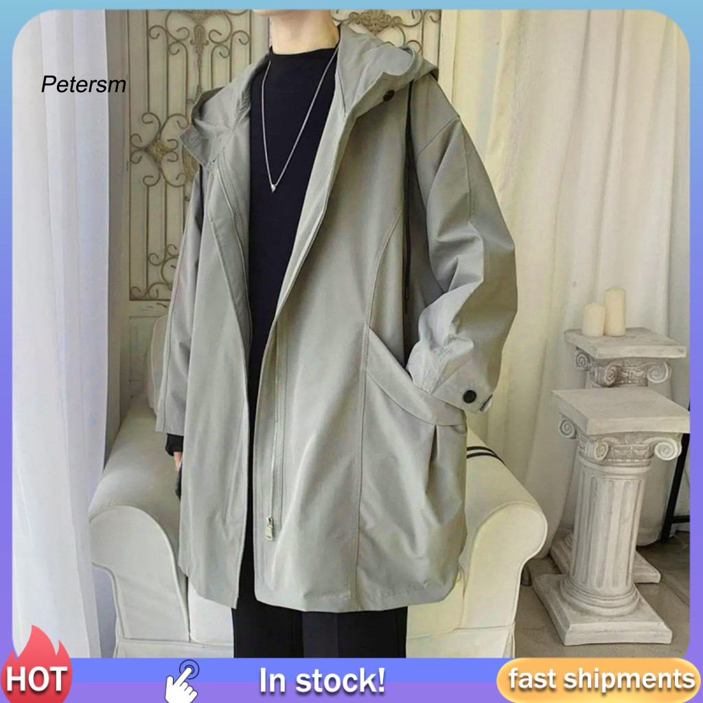 PP Men Long Windbreaker Coat Solid Color Hooded Windbreaker Stylish Men ...