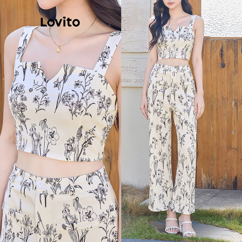 Lovito Women Elegant Ditsy Floral Zipper Fake Pocket Tops or Bottoms ...