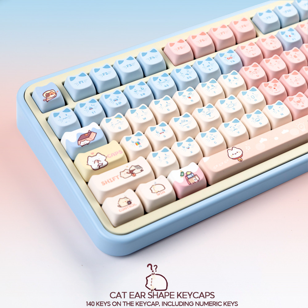【Pink and Blue Cat】Cat Ear Keycaps - 140key MAO Profile PBT Keycap Set ...