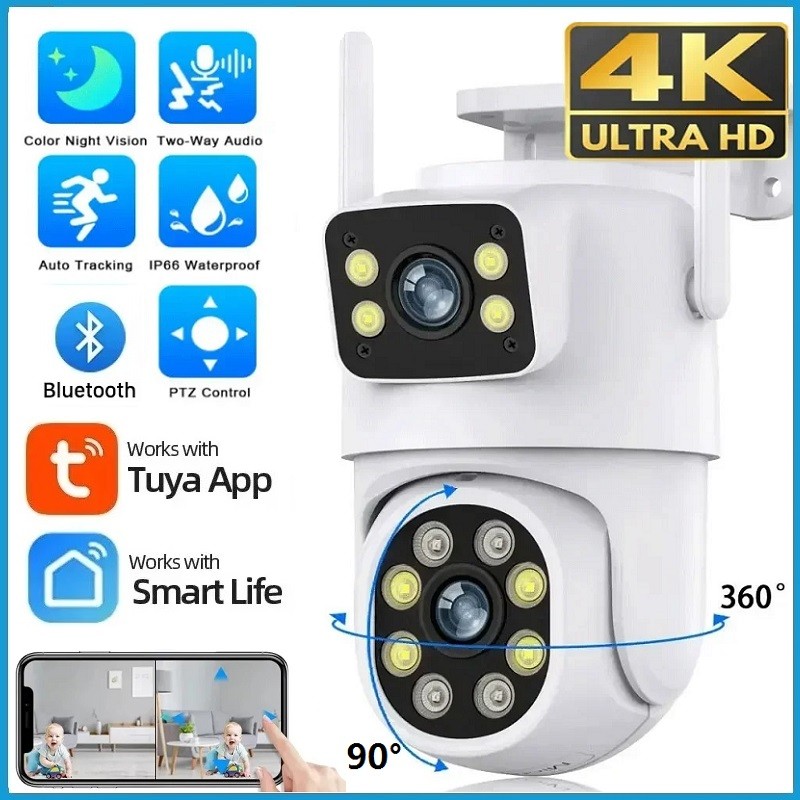 Tuya Smart 8MP 4K PTZ Wifi IP Camera Outdoor Dual Lens Dual Screen Night Vision Auto Track CCTV ...