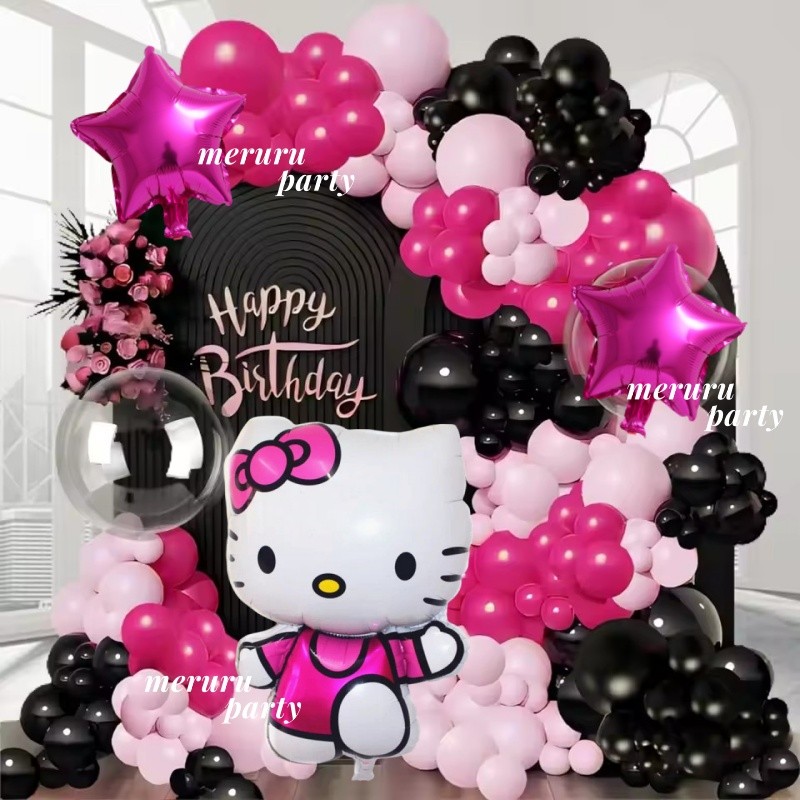 Hello Kitty Theme Balloon Garland Set Macaron Black Number Balloon Girl ...