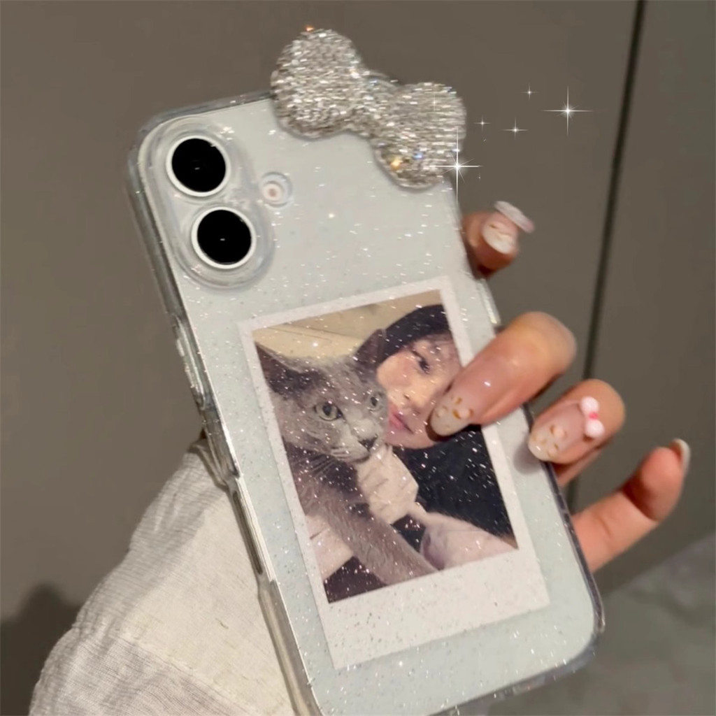 Ins Cute Girl Bow Simple HD Clear Glitter Bling Casing+Sticker+Chain ...