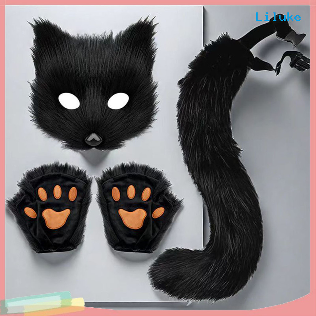 [LK] 1 Set Cosplay Fake Fox Tail Mittens Masque Set Soft Fuzzy Plush ...