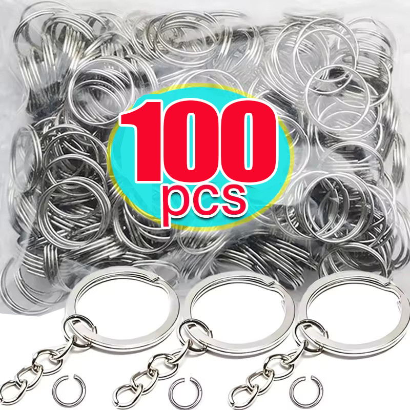 50/100pcs Women&Men Split Key Ring with Chain - Silver Metal Keychain ...