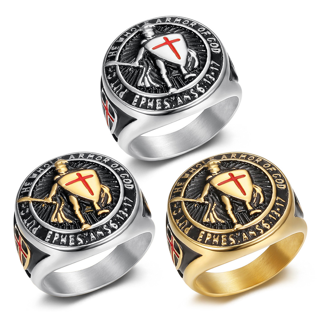 Men's Titanium Steel Gilded Ring Vintage Templar Knight Red Cross ...