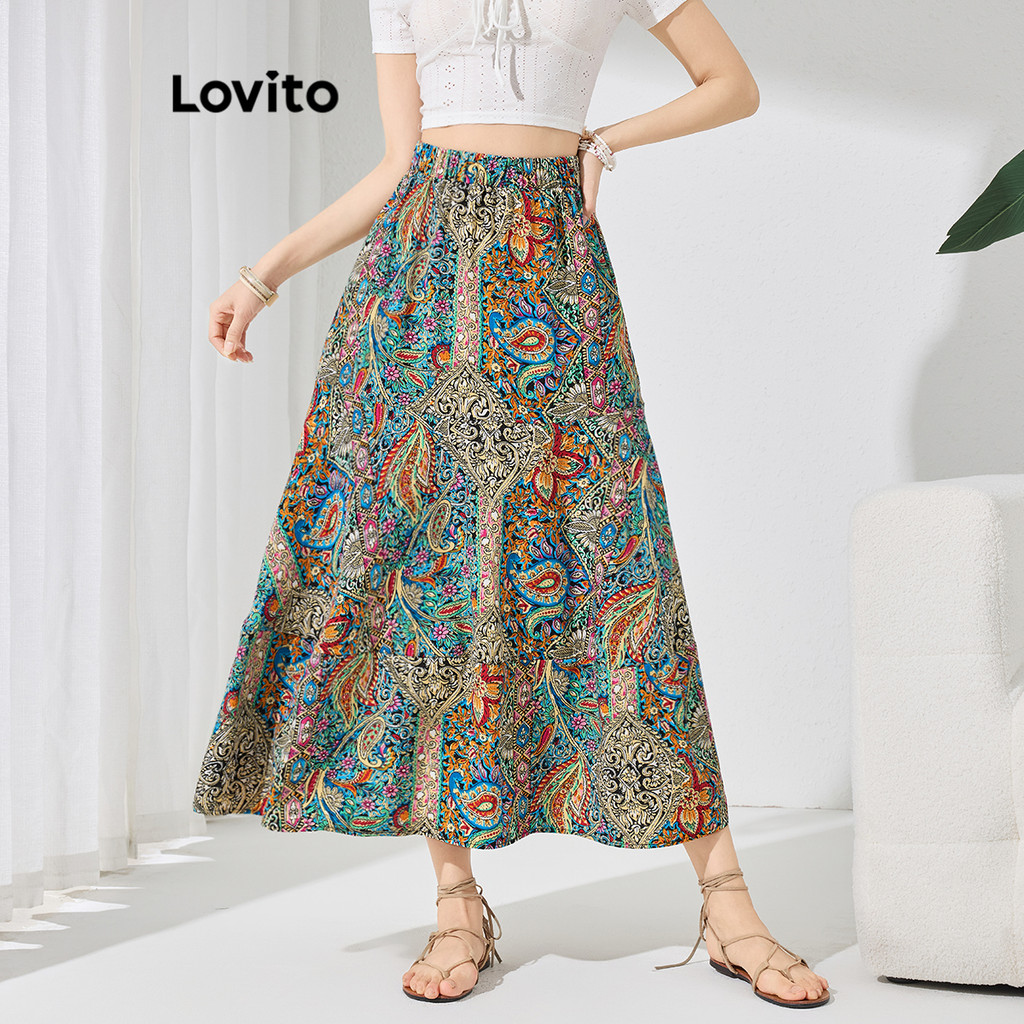 Lovito Women Boho Paisley Pattern Cascading Ruffle Skirt L116LD062 ...