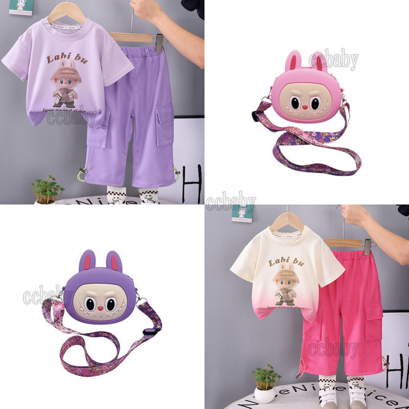 Labubu Kids Girl Outfit Round Neck Soft Shirt + Solid Color Pants with ...