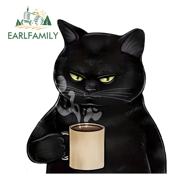EARLFAMILY 13cm x 11.8cm Black Cat Drink Coffee Car Stickers Scratch ...