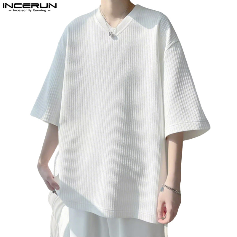 INCERUN Men Korean Fashion V Neck 3/4 Sleeve Drop Shoulder Loose Plain ...