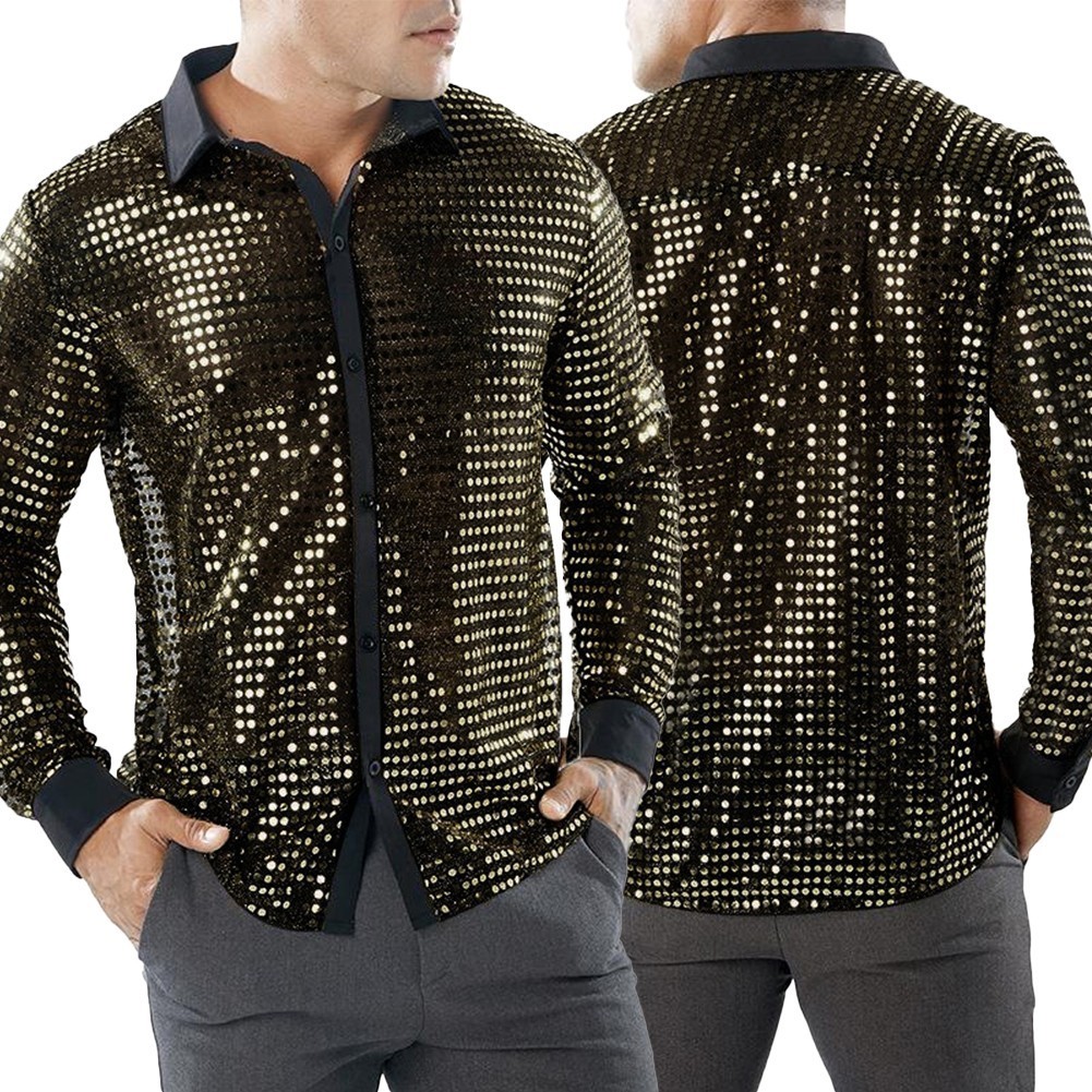 ⭐ Hot selling ⭐ Mens Sparkly Sequins Party Dance Shirts Retro 70s Disco ...