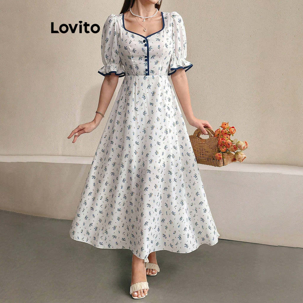 Lovito Women Casual Ditsy Floral Contrast Binding Button Dress L95ED916 ...