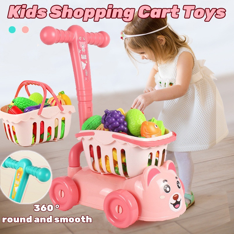 Kids Shopping Cart Trolley Toy Cut Fruit Simulation Trolly Kitchen ...