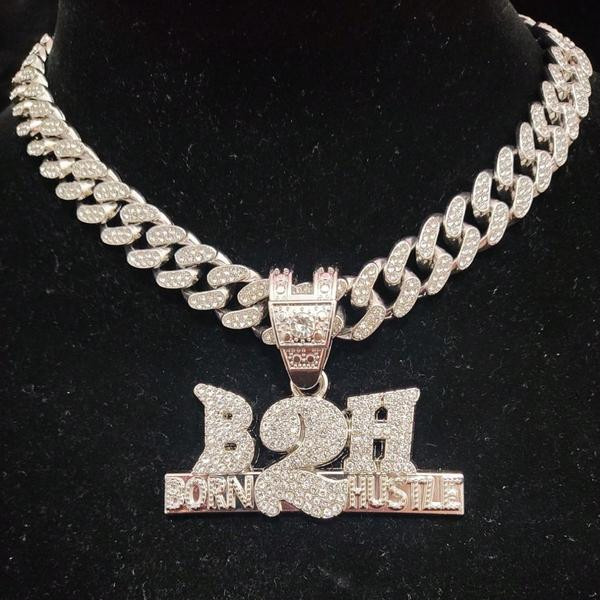 New Hip Hop Born 2 Hustle Full Diamond Alloy Pendant Cuban Necklace Ice ...