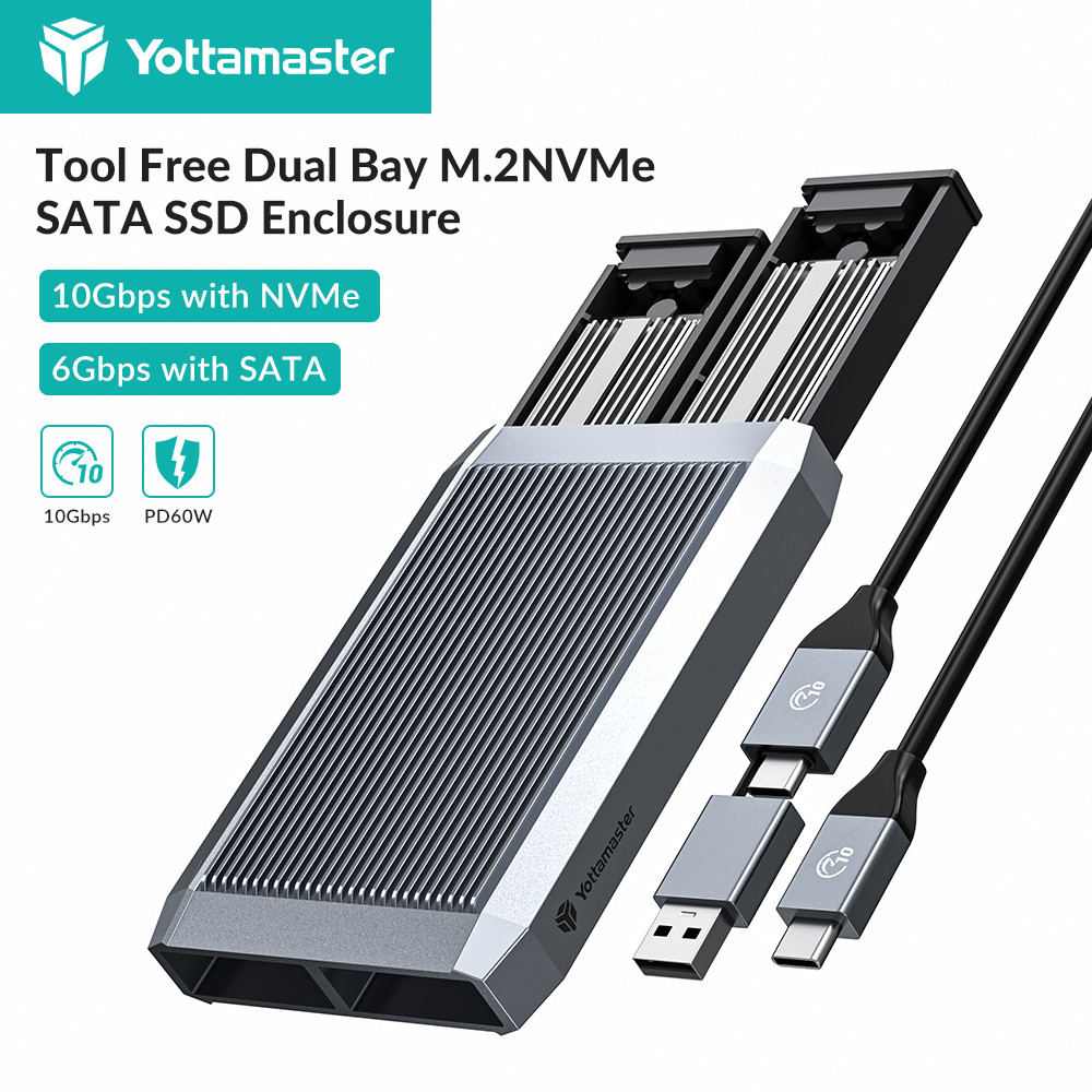 Yottamaster M.2 Nvme Dual Bay USB C SSD Enclosure 10Gps Tool-Free ...
