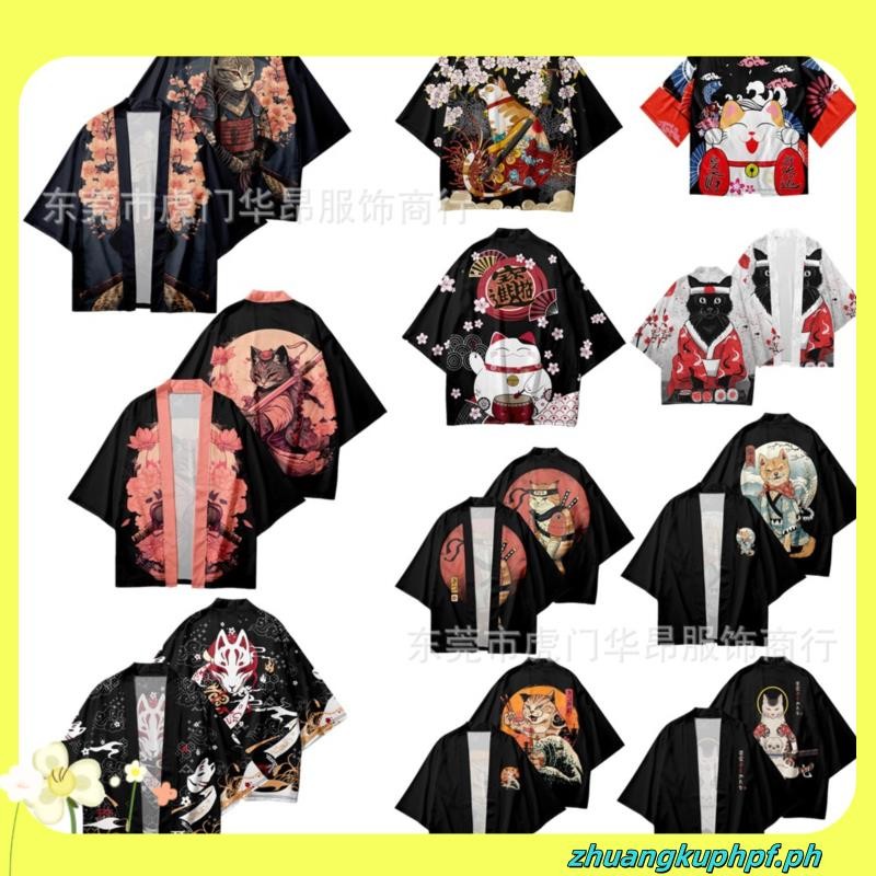 Plus Size Japanese Sakura Cat Samurai Print Kimono Streetwear Men Women ...