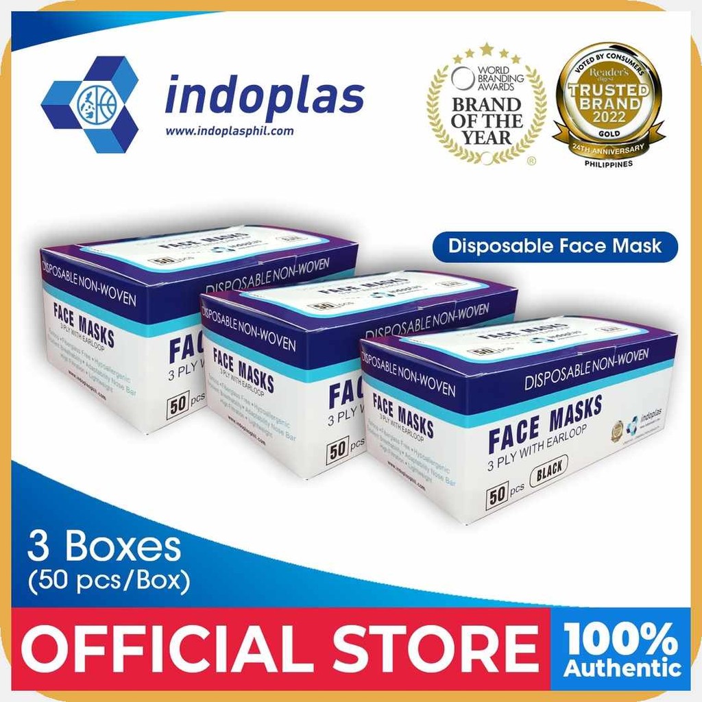 Indoplas@v`Disposable.m[Face&c`Mask;J`3-Ply;W`Earloop-;q`Black;E`-