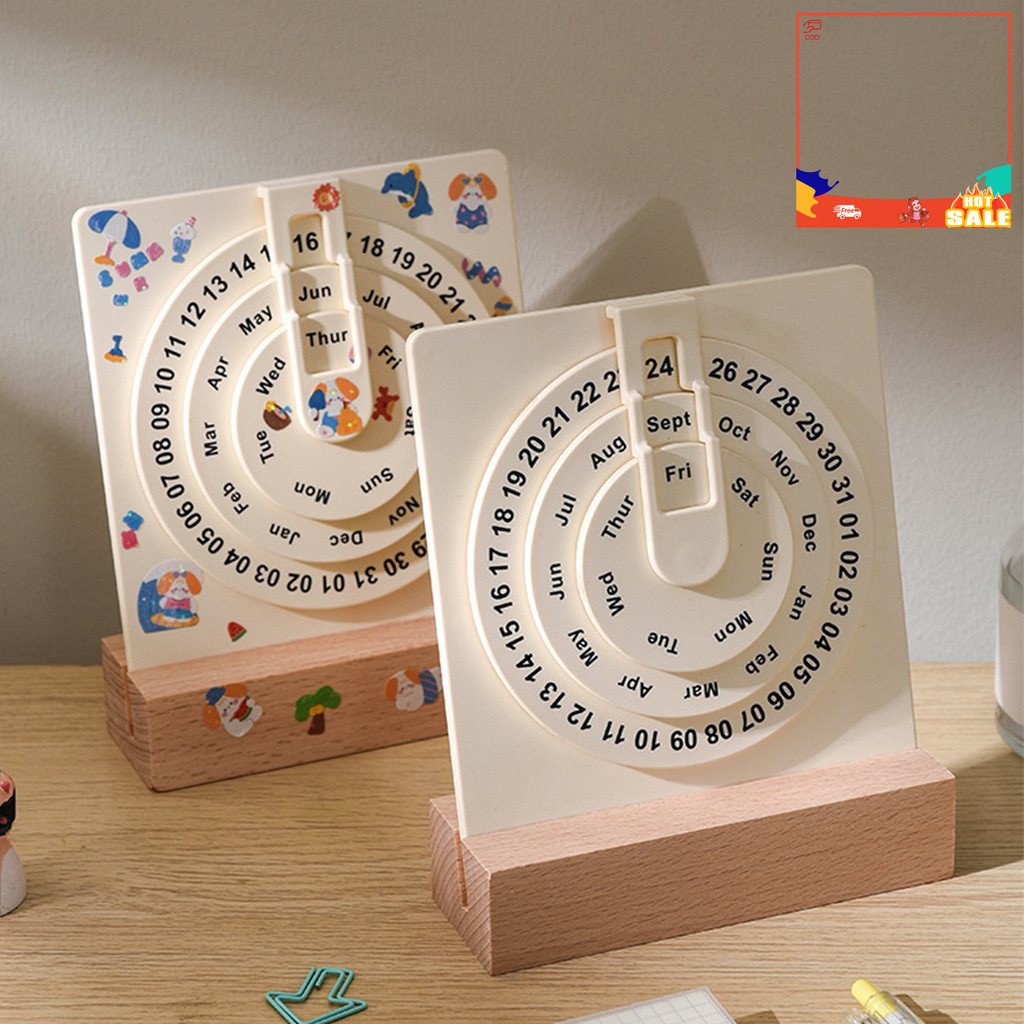 TW-Perpetual Calendar Small Rotating Desk Circular Calendar with Wooden ...