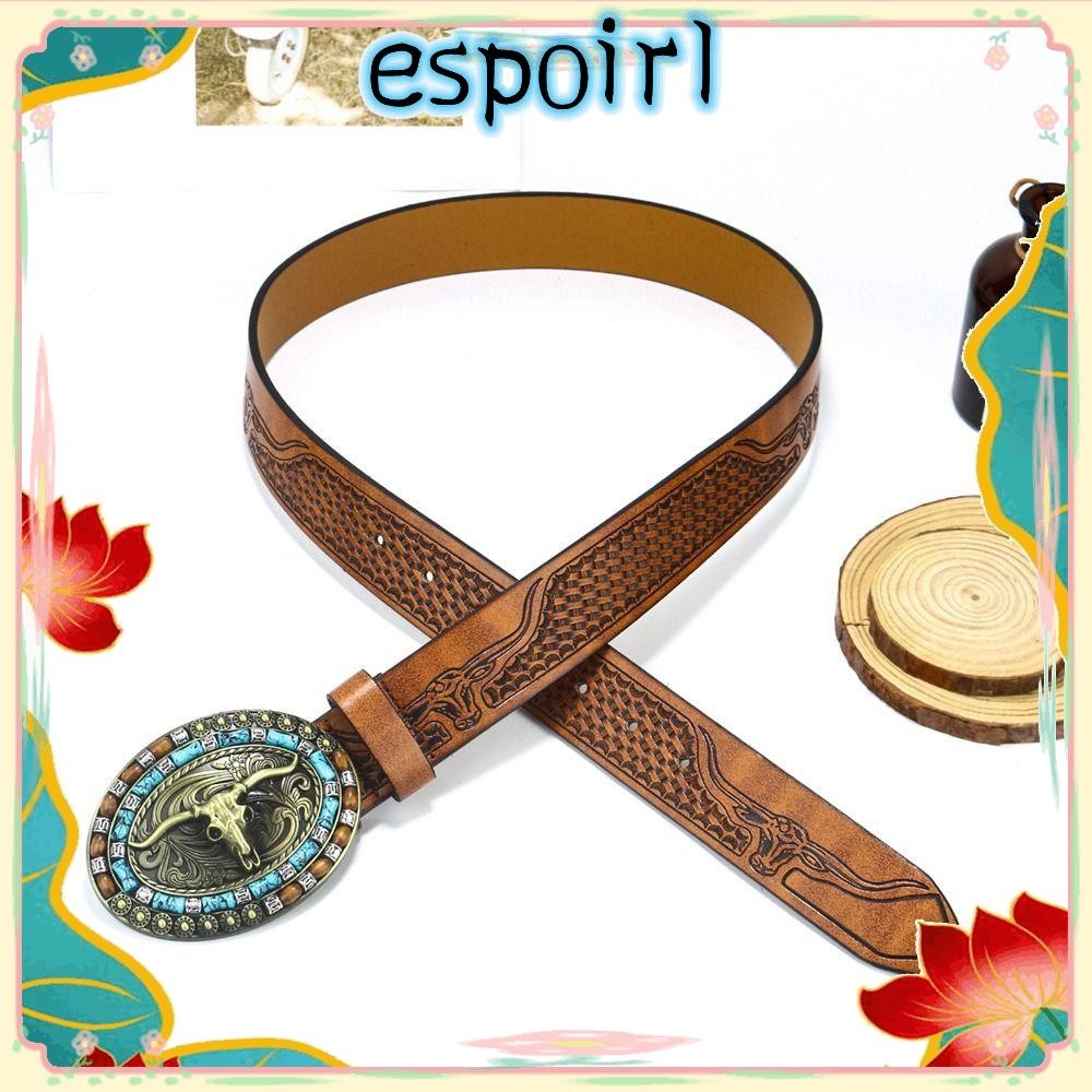 ESPO Mens Western Cowboy Belt, PU Leather Retro Bull Pattern Buckle ...