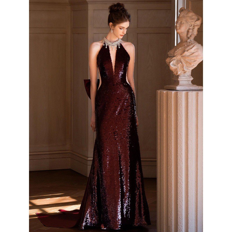 Sequined Toast Dress for Bride Wine Red Engagement Banquet Temperament ...