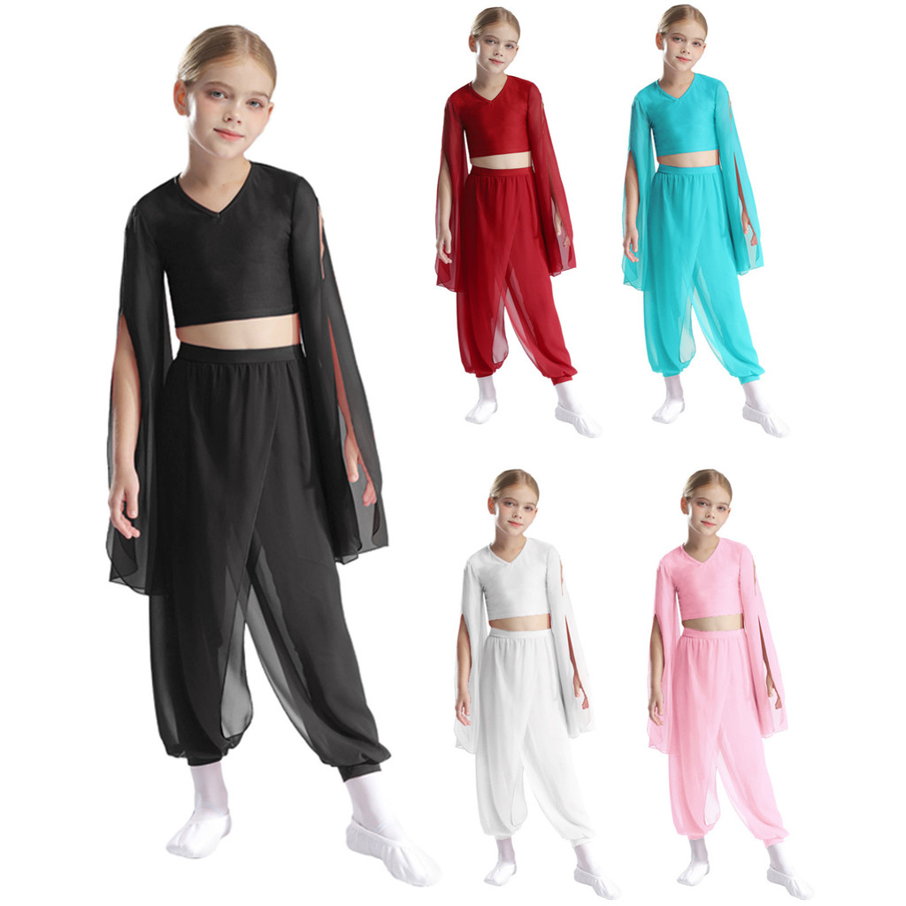 Kvysinly Kids Girls Dance Outfit Tops V Neck Split Flared Sleeves Crop ...