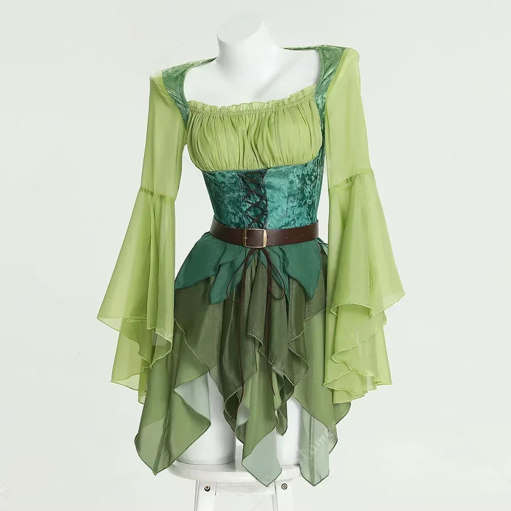 Medieval Elf Fantasy Dress Green Fairy Gown with Wings Halloween ...