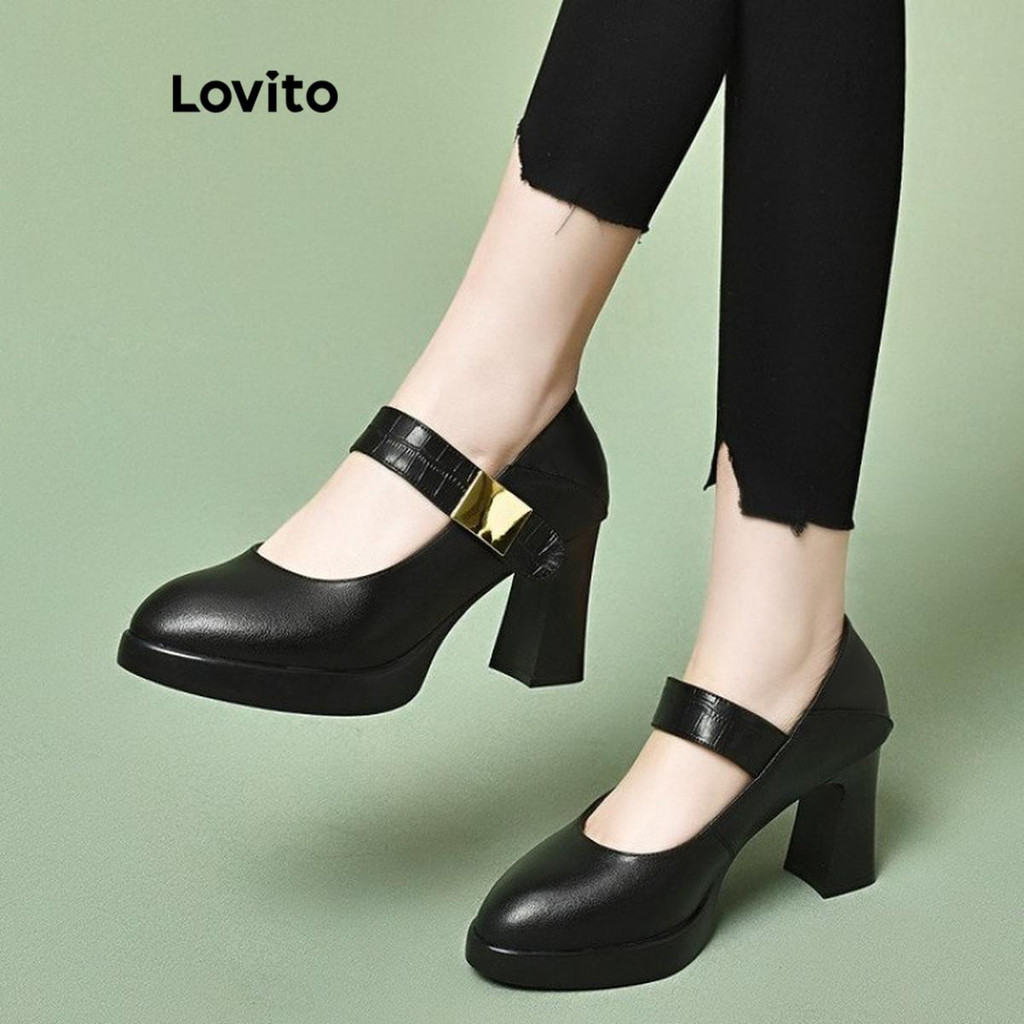 Lovito Elegant Plain Buckle British Style Versatile Block Heel ...