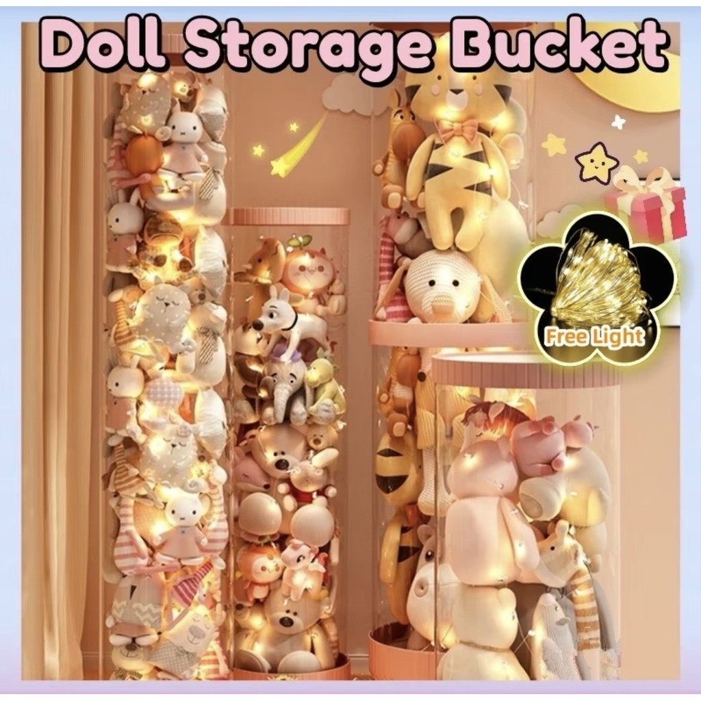 【Free 3m Light】Transparent Doll Storage Bucket With Zipper Stuff Doll ...
