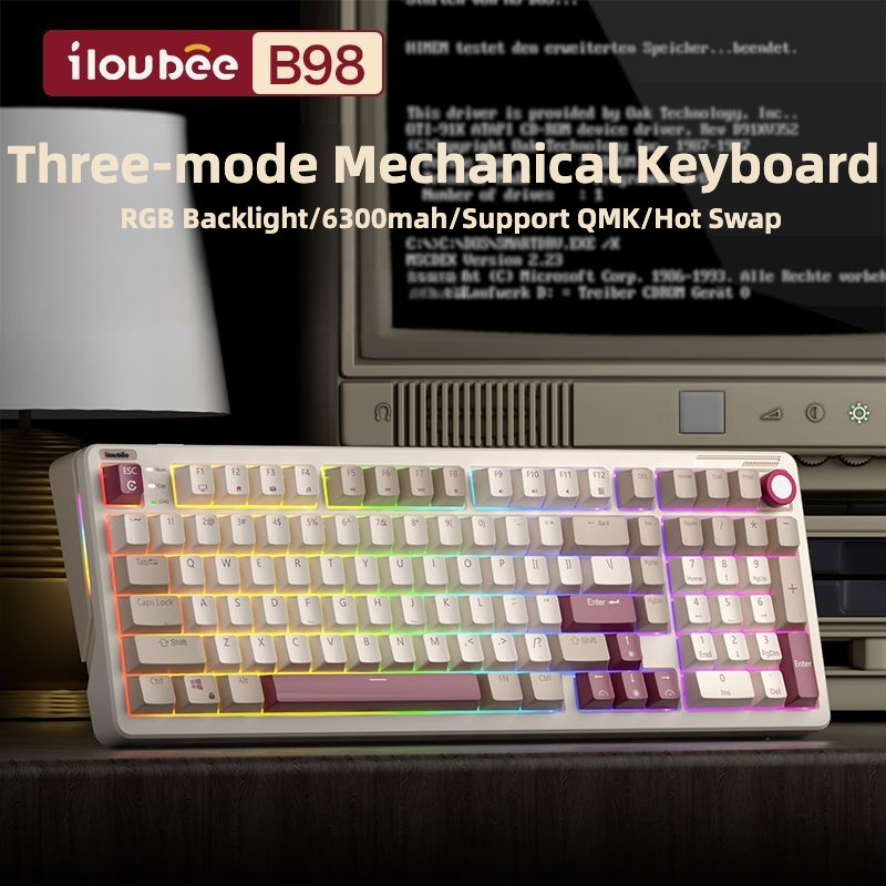 ILOVBEE B98 Wireless Three-Mode Bluetooth Mechanical Keyboard Hot Swap RGB Cream Sound Support ...