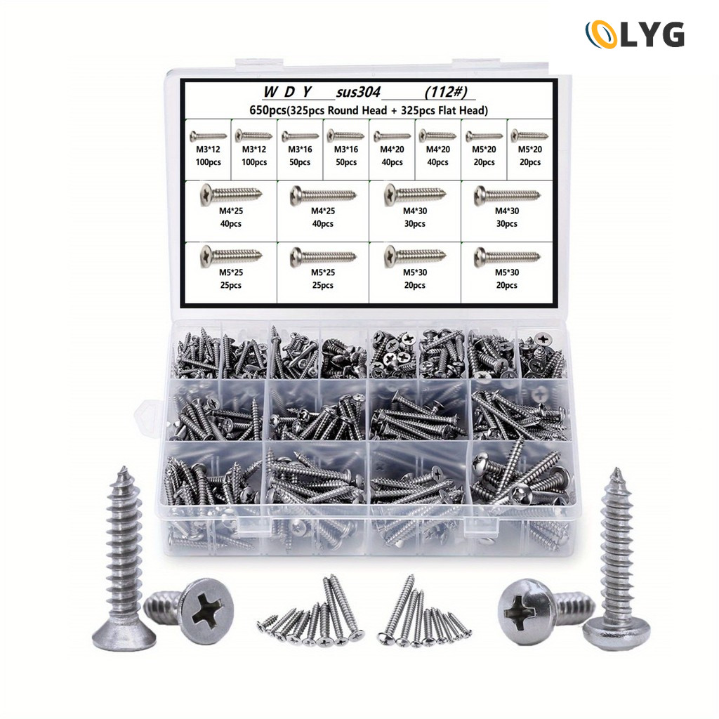 [LYG-P]650Pcs Self Tapping Screws Assortment Set, M3/M4/M5 304 Stainless Steel Sheet Metal ...