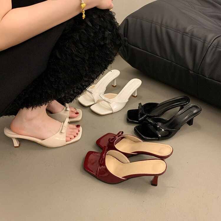 Fashion Women's Office Slippers French Stiletto Bow Vintage Mid Heel ...