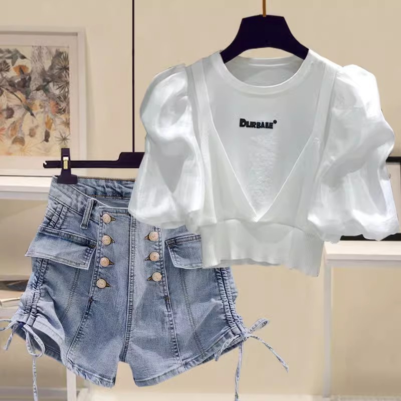 Summer Wear a Whole Set Female 2025 Hot Girl Puff Sleeve Top High Waist ...