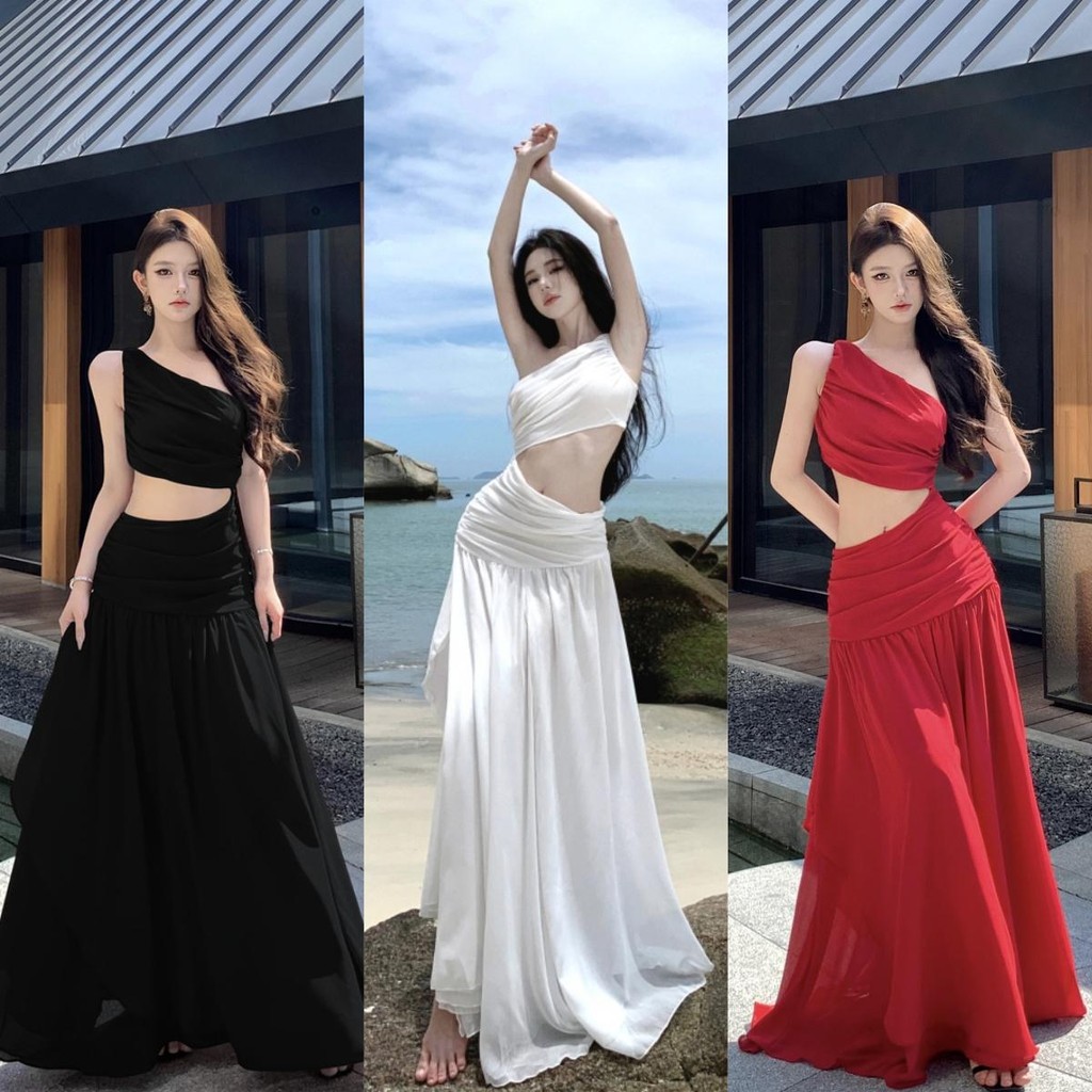 SC Off-shoulder Navel Elegant Maxi Dress Slits Pleated Beach Party ...