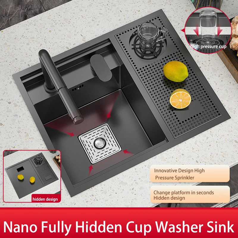 Hidden Cup Washer Sink Nano Stainless Steel kitchen Sink Bar Invisible ...
