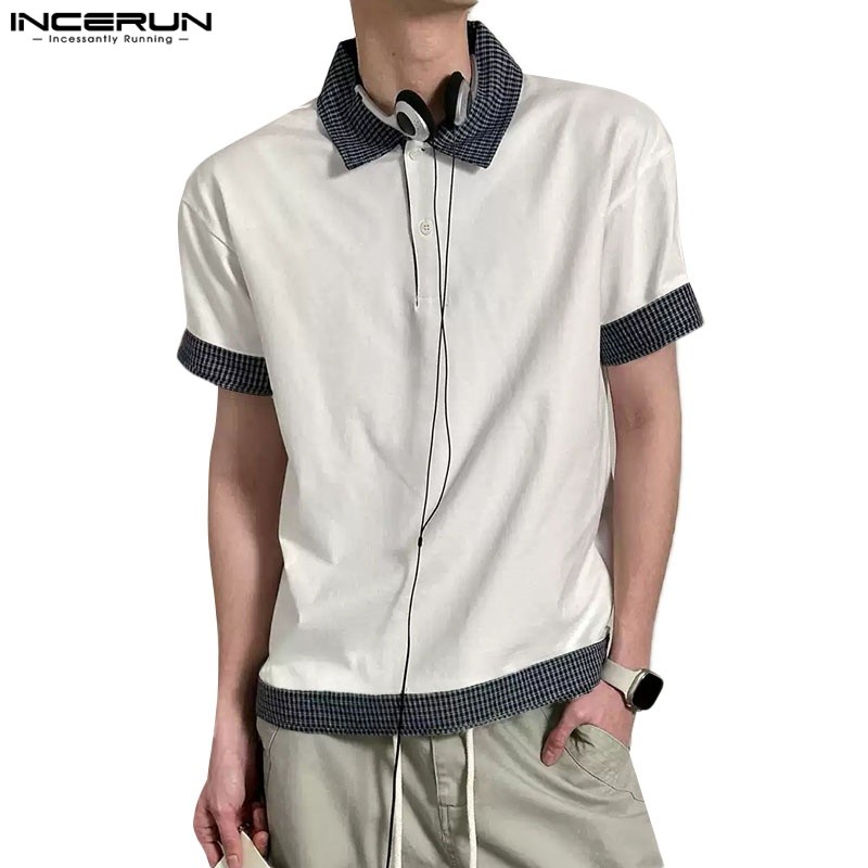 INCERUN Men's Splicing Checkered Collar Top POLO Shirts | Shopee ...