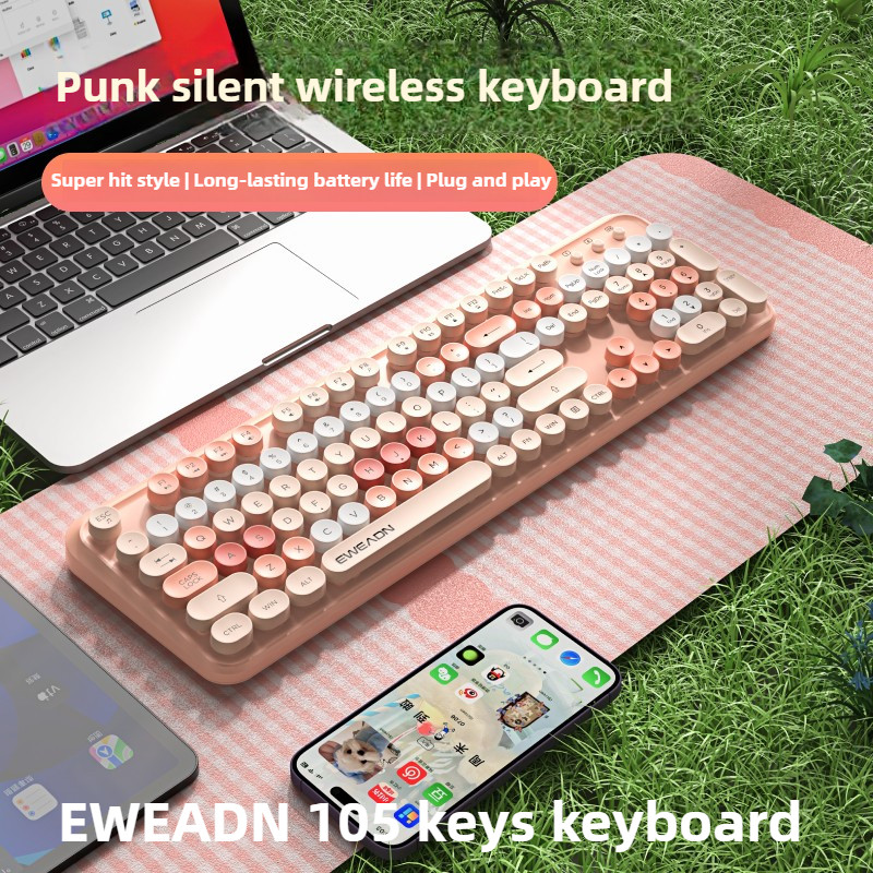 EWEADN V96 2.4G Wireless Keyboard Mute Typing Lovely Circular Button 105 Keys Compatible MAC/Win ...