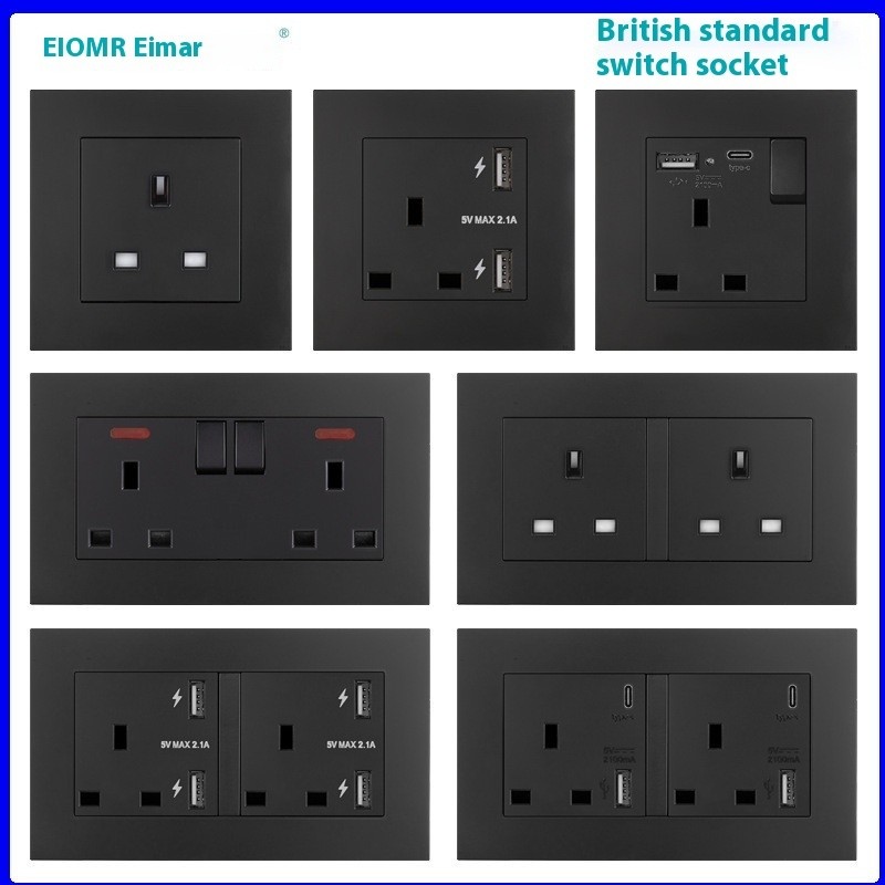 Black 13A British Standard Switch Socket with USB+typeC Square Foot ...