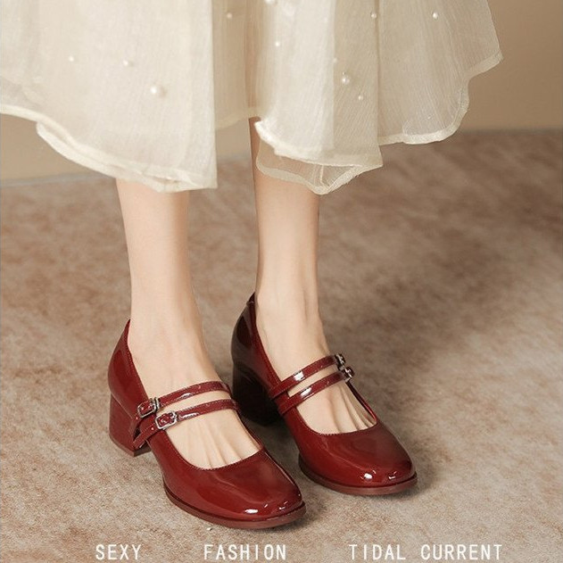Doll Shoes Women Retro Mary Jane Shoes High Heels Solid Red Shoes ...