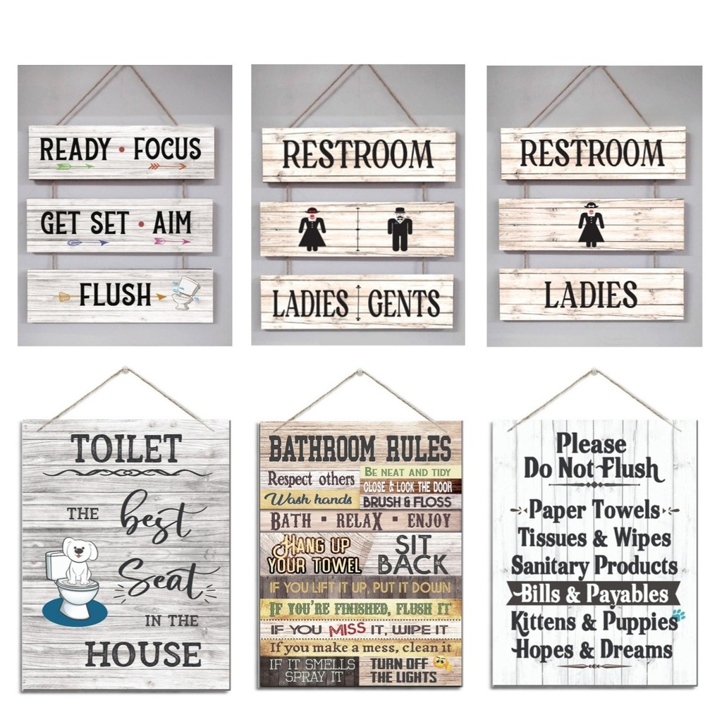 1 set of bathroom toilet wooden hanging signs, signs, plaques, wall ...