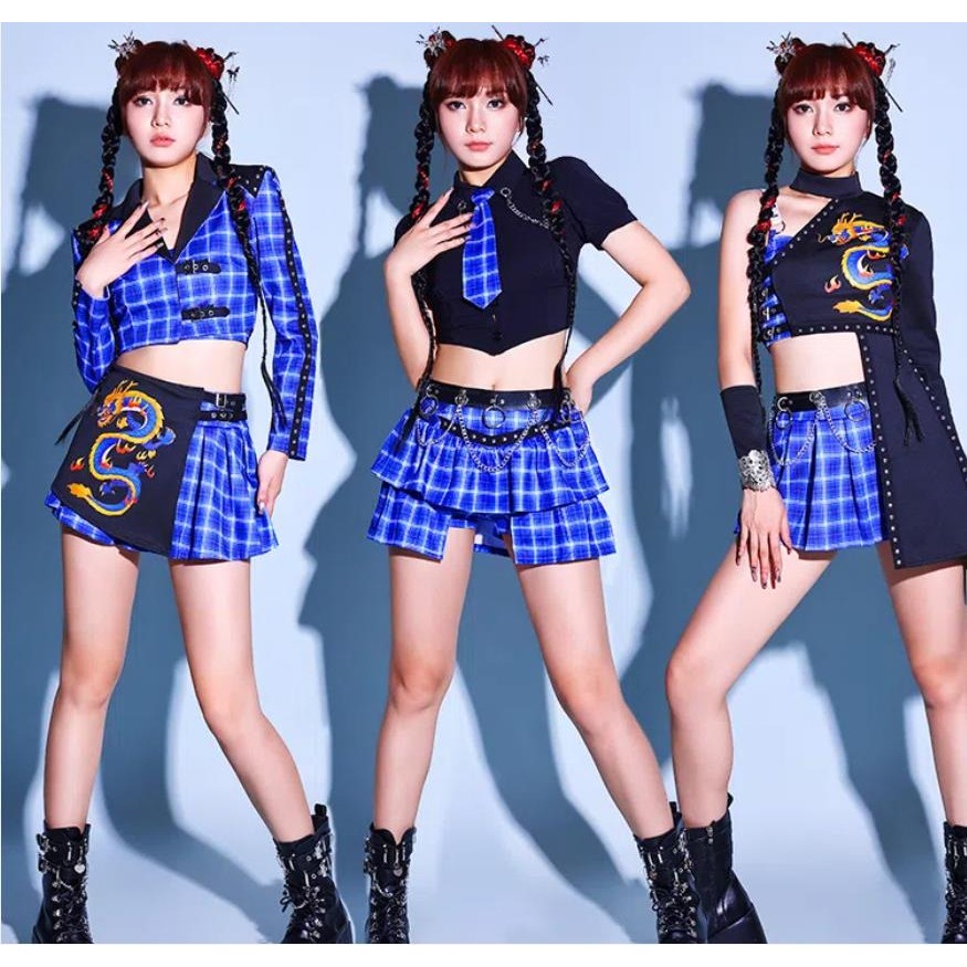 Kpop Singing Dance Korean Girl Group Blue Plaid Dance Costumes New Jazz ...